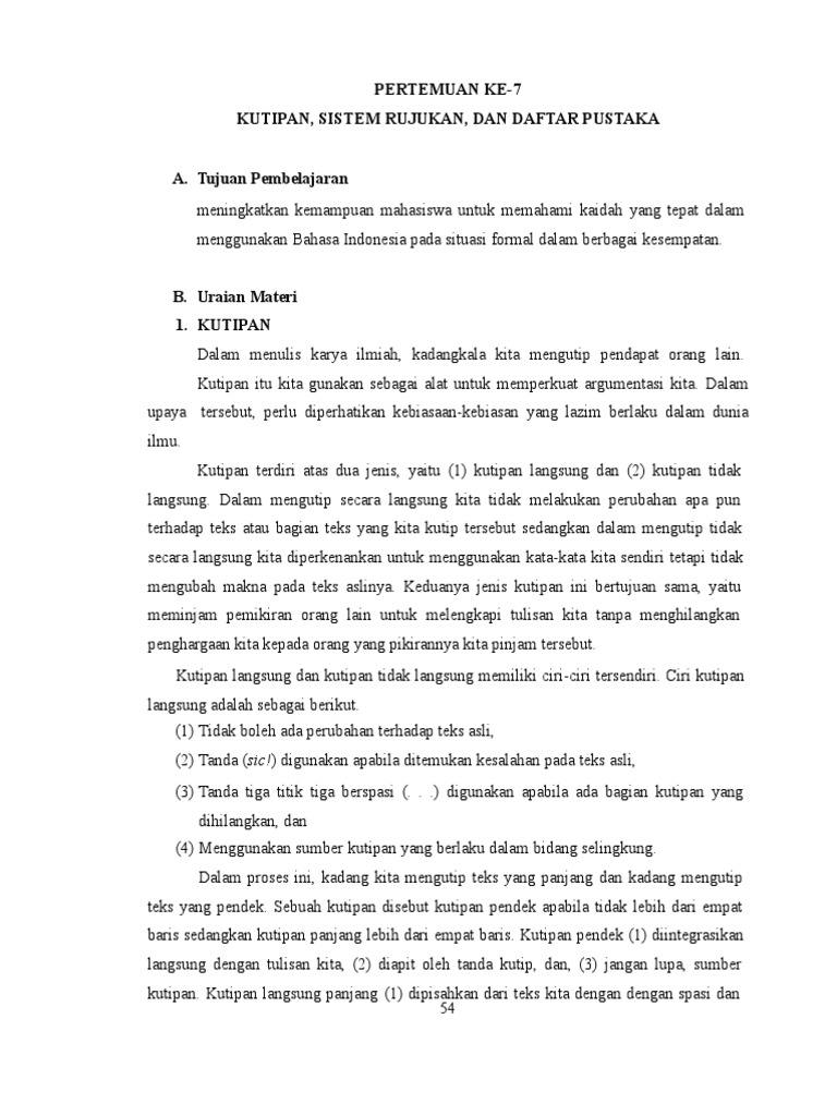 Pertemuan 7 - Kutipan, Sistem Rujukan, Dan Daftar Pustaka | PDF