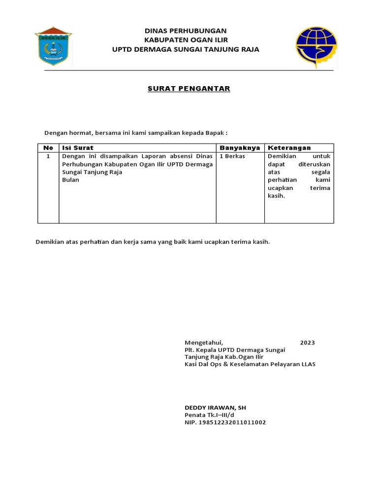 Surat Pengantar Uptd Dermaga Sungai Tanjung Raja | PDF