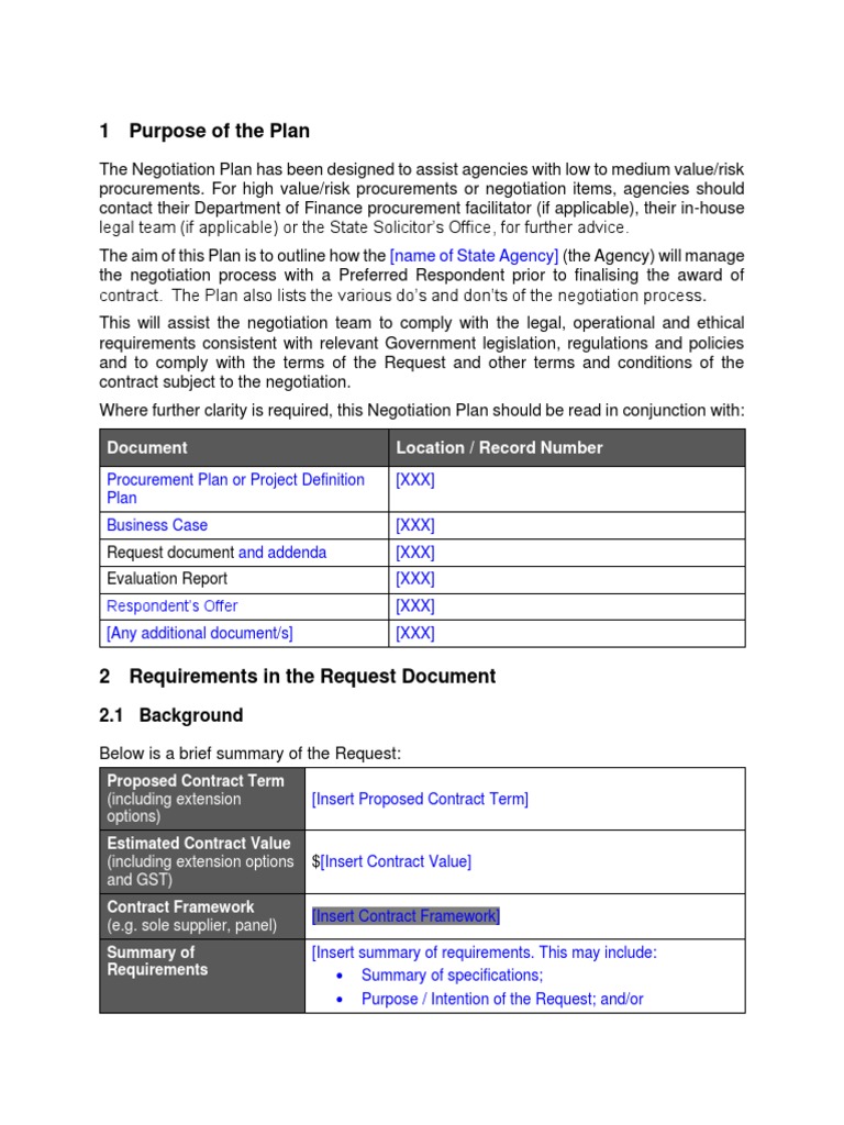 Purpose Of The Plan Pdf Negotiation Procurement
