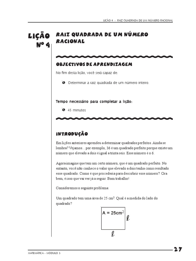 Matem - Tica 8 - Classe Li - o 4 | PDF | Raiz quadrada | Números