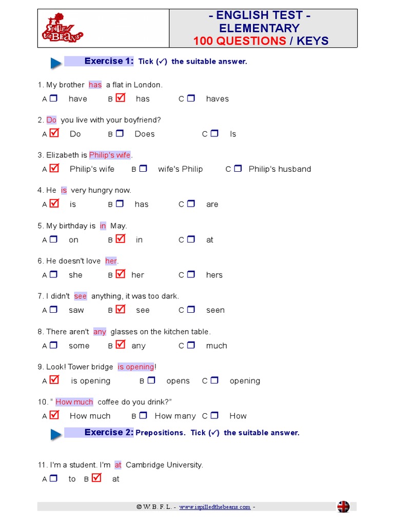 Elementary English Test: 100 Questions | PDF | Menu | English Language