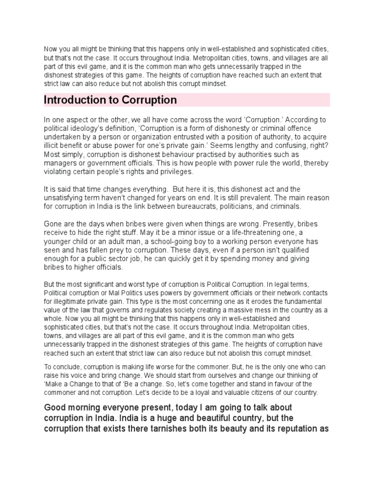 Speech On Corruption | PDF | Corruption | Political Corruption