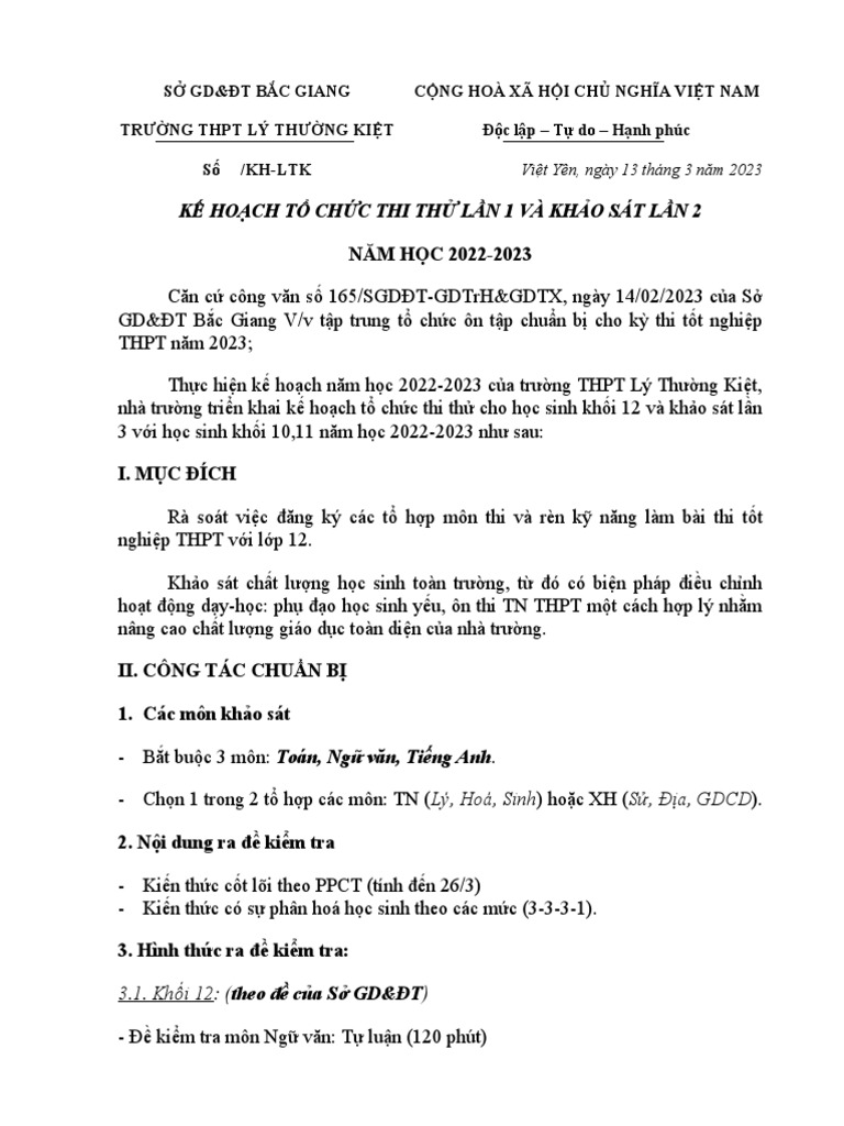 KH thi thử lần 1 và KS lan 3 | PDF