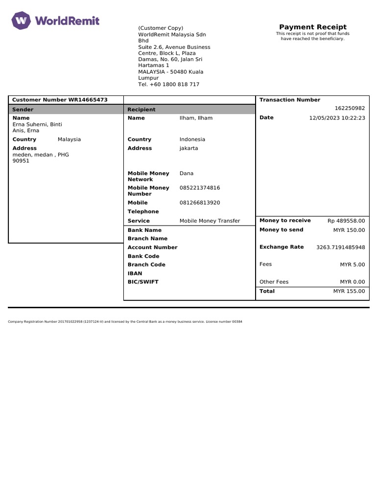 Payment Receipt: This Receipt Is Not Proof That Funds Have Reached The ...