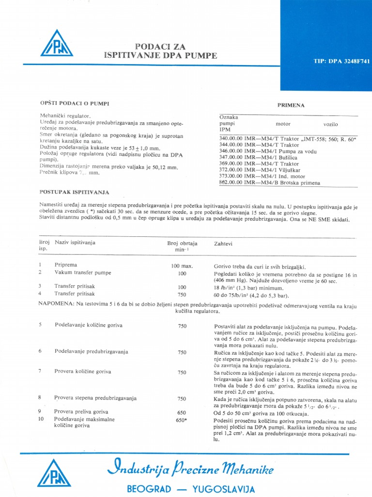 Podaci Za Ispitivanje DPA Pumpe | PDF