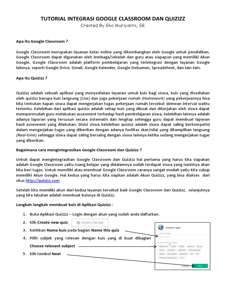 TUTORIAL INTEGRASI GOOGLE CLASSROOM DAN QUIZIZZ - by EKO | PDF