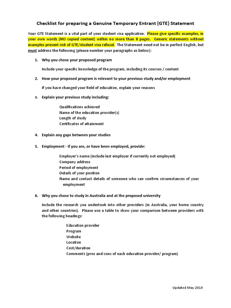 Student Visa GTE Statement Guide | PDF | Travel Visa | Risk