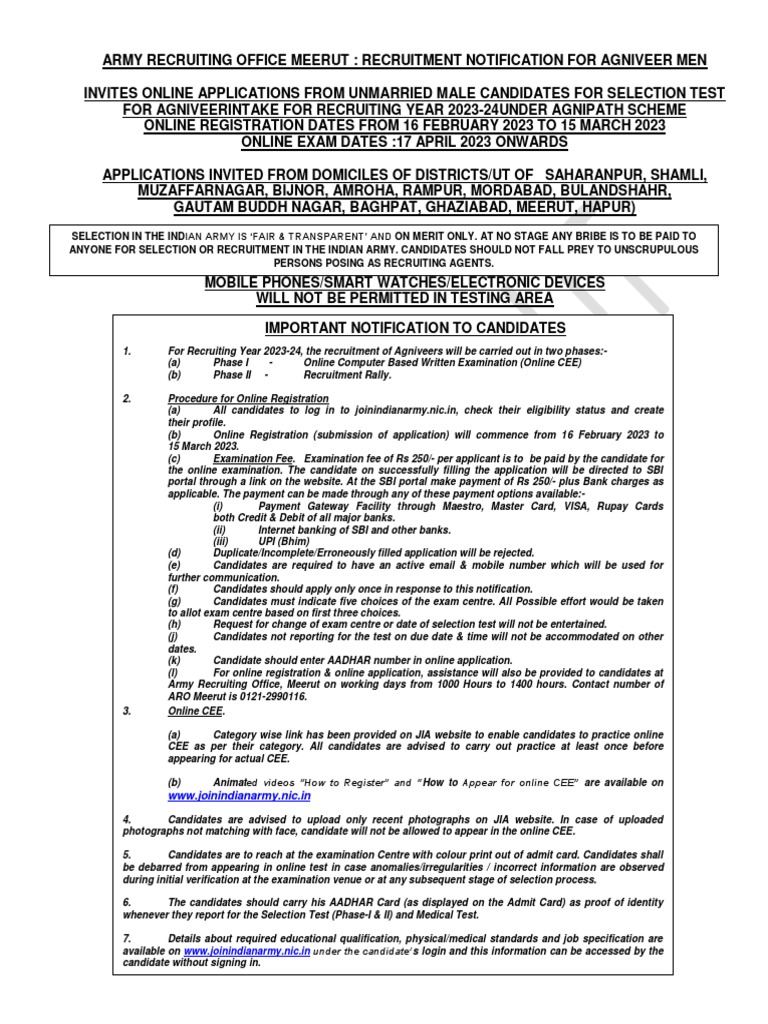 ARO Meerut Agniveer Recruitment 2023 | PDF | Identity Document