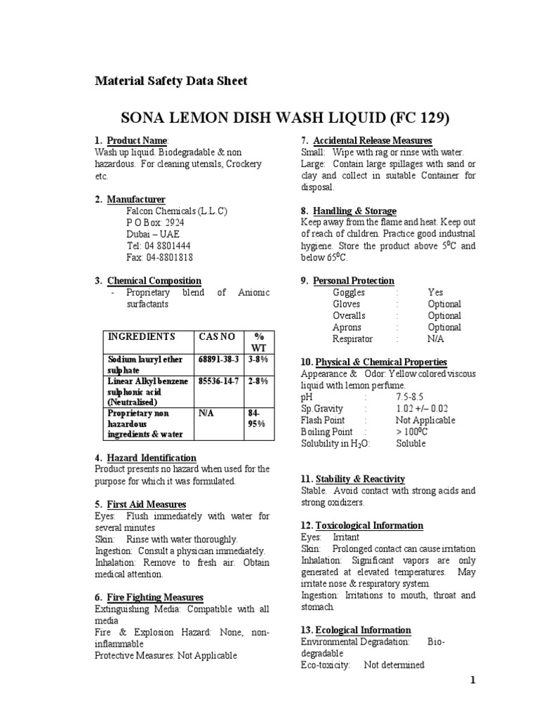 Sona Lemon Dish Wash Liquid (FC 129) | PDF | Water | Biodegradation
