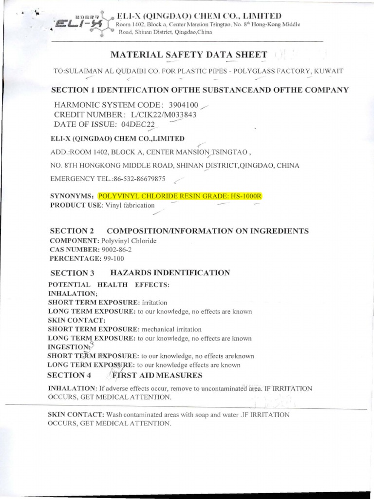 HS 1000R PVC Resin Safety Data Sheet | PDF | Polyvinyl Chloride | Fires
