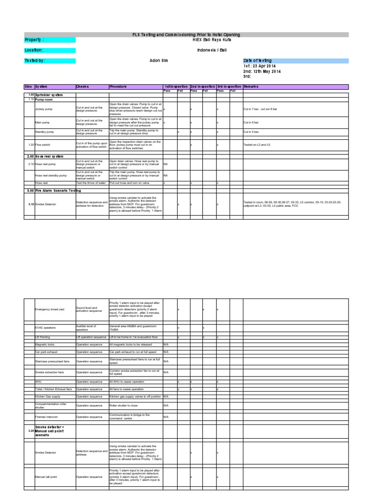 FLS Testing and Commissioning Checklist Bali Raya Kuta | PDF