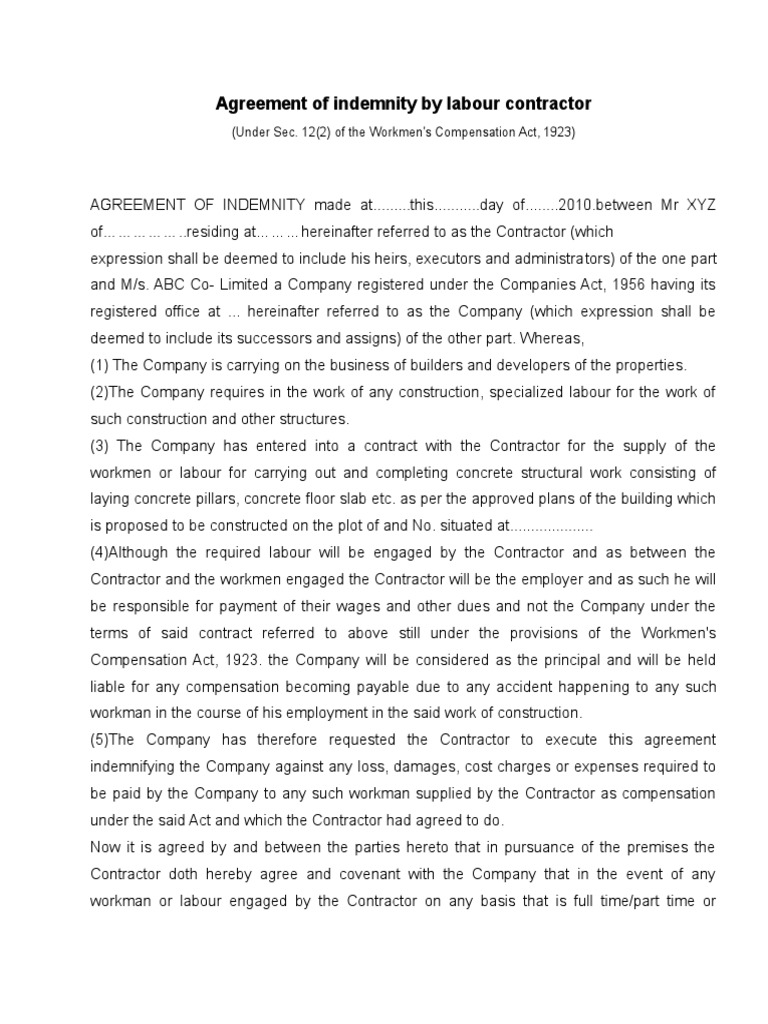 Agreement Of Indemnity By Labour Contractor Pdf Employment Damages