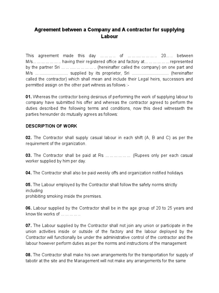 Agreement Between A Company and A Contractor For Supplying Labour | PDF | Employment | Workers ...