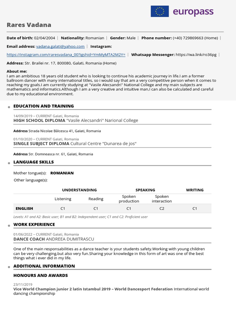 CV Rares Vadana | PDF | Romania | Cognition