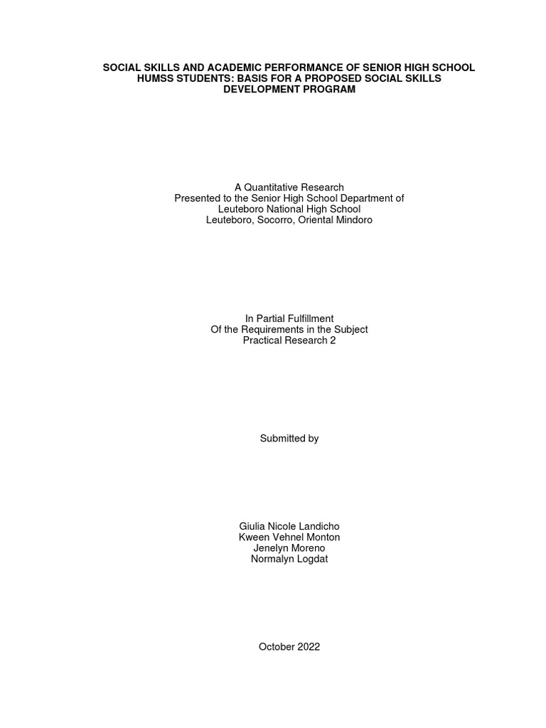 Social Skills and Academic Performance of SHS HUMSS Students of LNHS ...