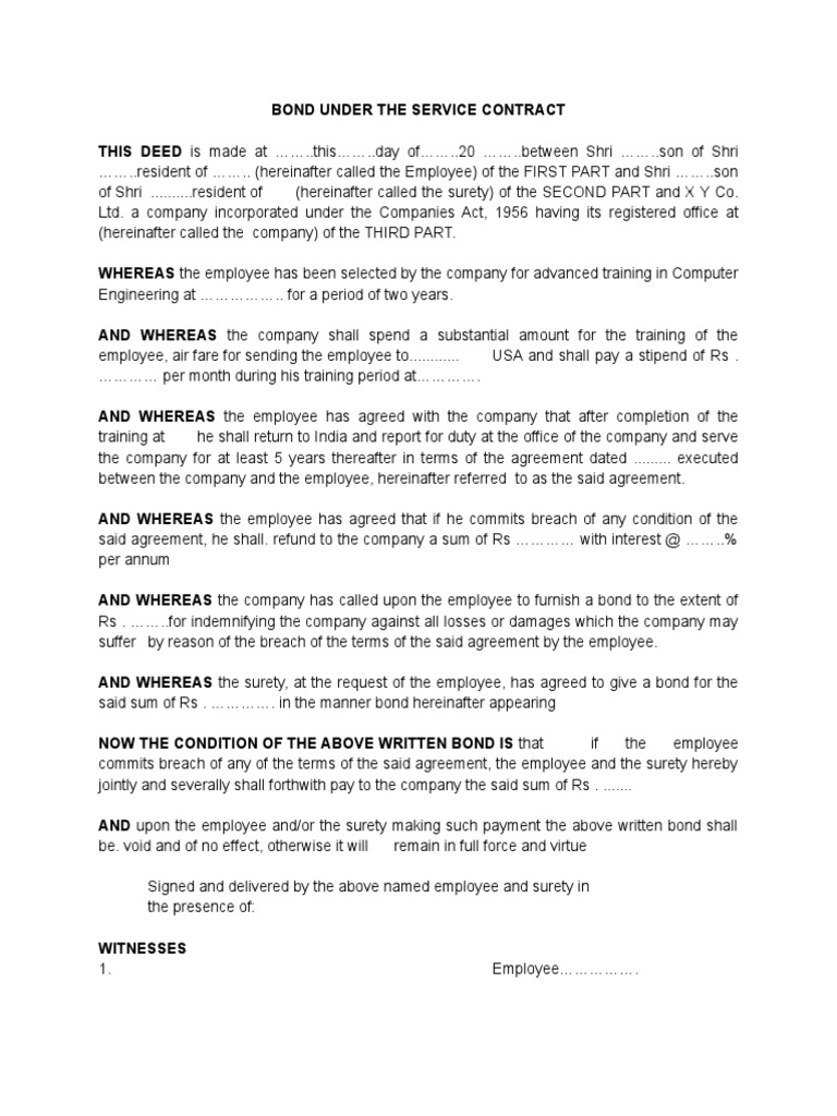 Service Bond Agreement for Training | PDF | Surety | Breach Of Contract