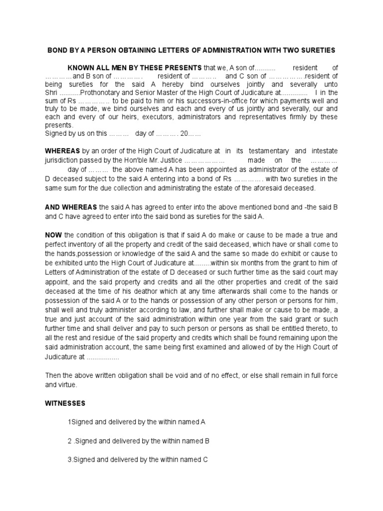 Bond by A Person Obtaining Letters of Administration With Two Sureties ...