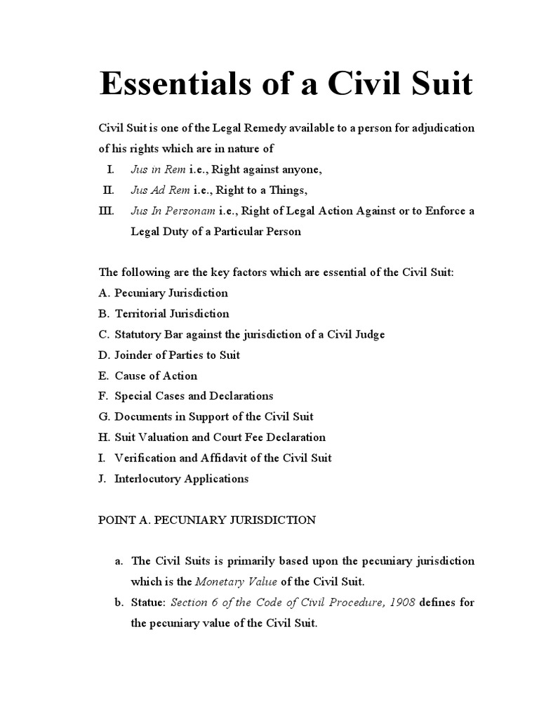 Essential of Civil Suit | PDF | Lawsuit | Jurisdiction