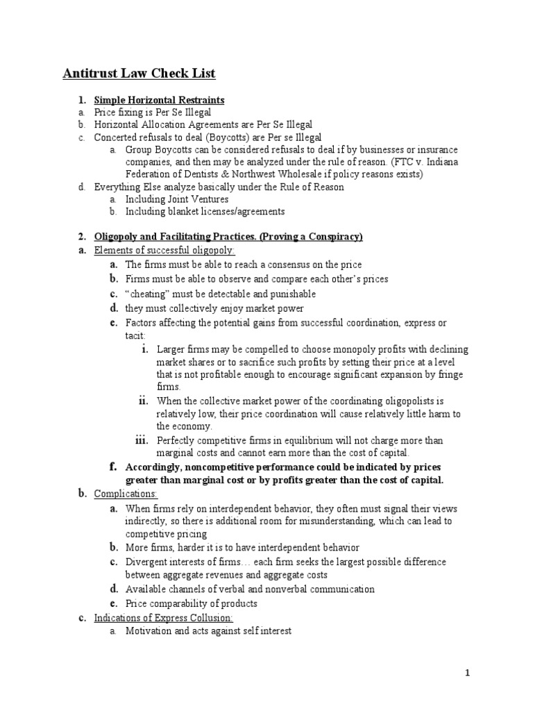 Antitrust Law Checklist | PDF | Oligopoly | Monopoly