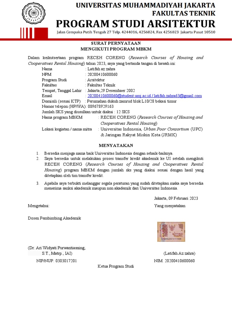 Lampiran 1. Template Surat Pernyataan Mengikuti Program MBKM | PDF