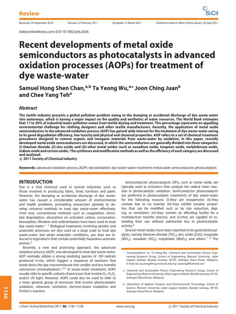 Recent Developments of Metal Oxide Semiconductors As Photocatalysts in Advanced Oxidation ...