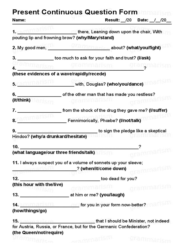 Grammarism Present Continuous Question Test 9 1537805 | PDF