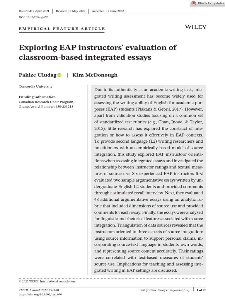 TESOL Journal - 2022 - Uludag - Exploring EAP Instructors Evaluation of ...