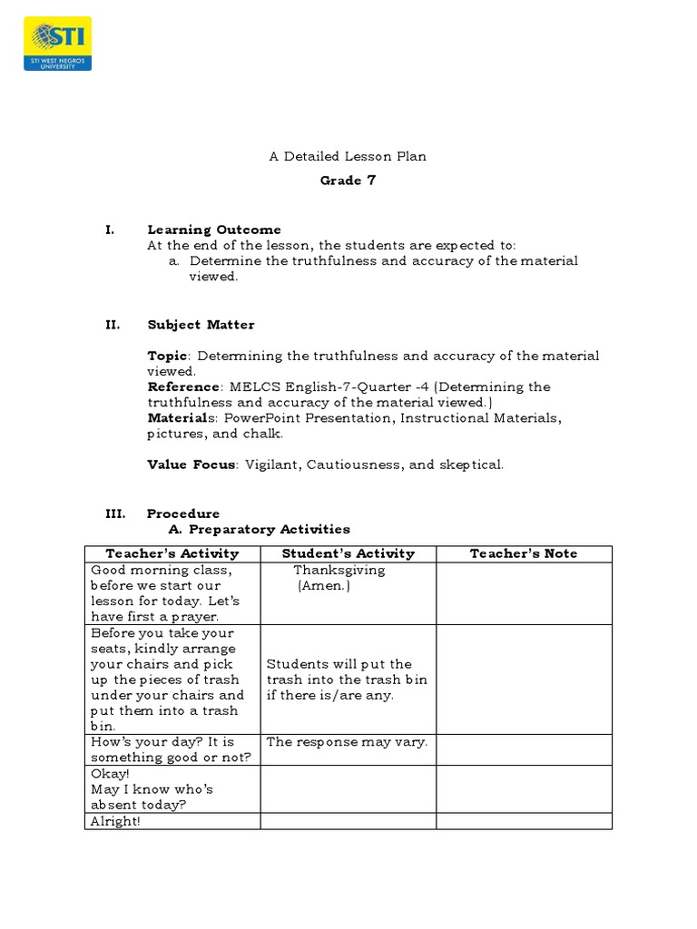 Grade 7 Lesson Plan | PDF | Truth | Accuracy And Precision
