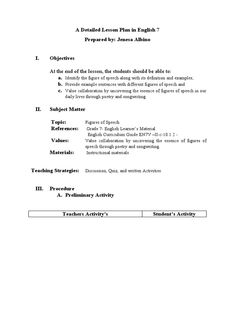 A Detailed Lesson Plan in English 7 | PDF | Lesson Plan | Metaphor