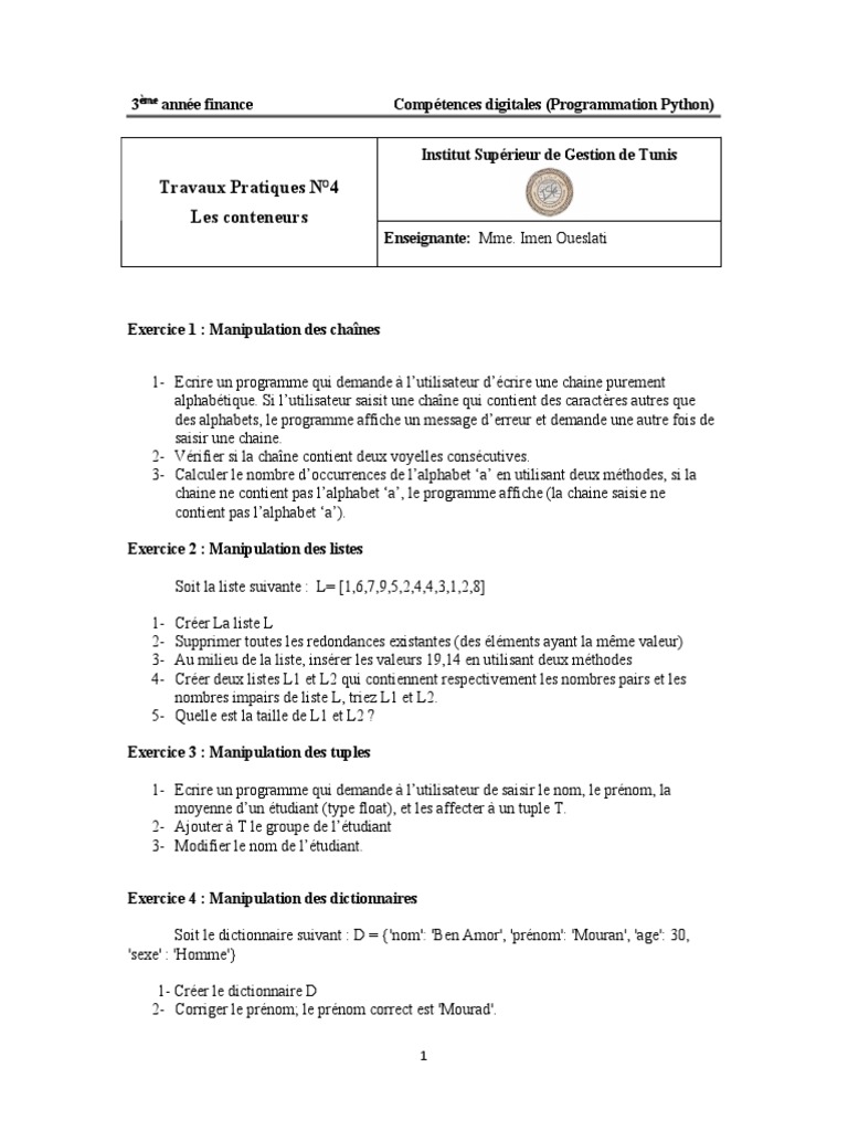 Exercices Python sur chaînes et structures | PDF | Mathématiques ...