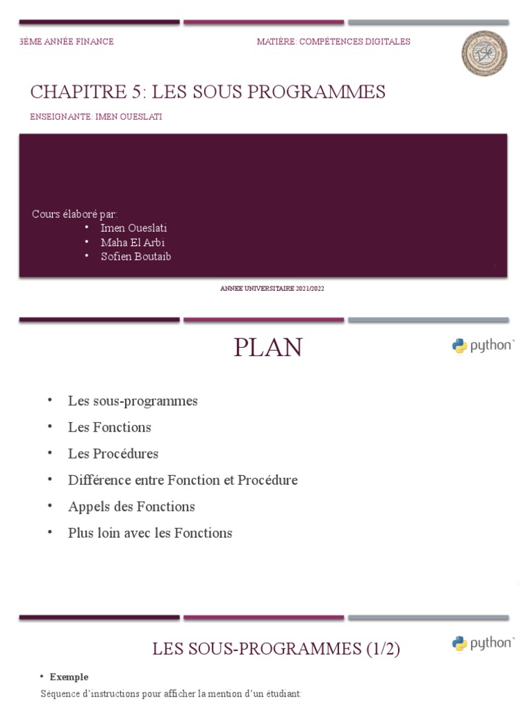 Chapitre-5-Les Sous Programmes | PDF | Programme informatique | Programmation