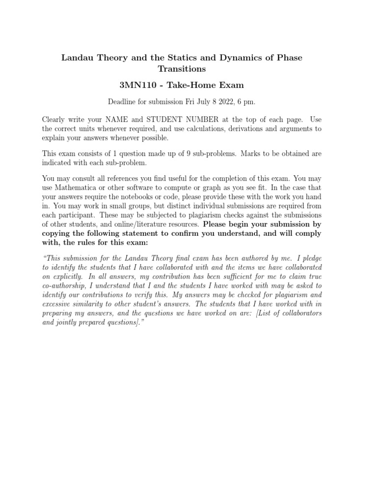 3MN110 Landau Theory Exam 2022-1 | PDF | Polymers | Mathematical Physics