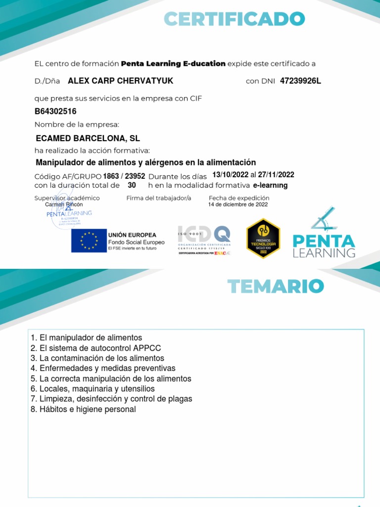 Certificado Manipulador De Alimentos Pdf