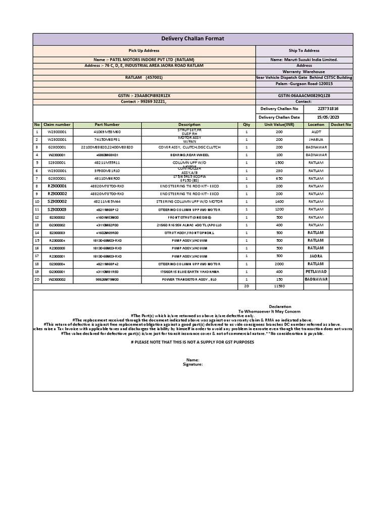 Delivery Challan Format | PDF | Vehicle Technology | Land Vehicles