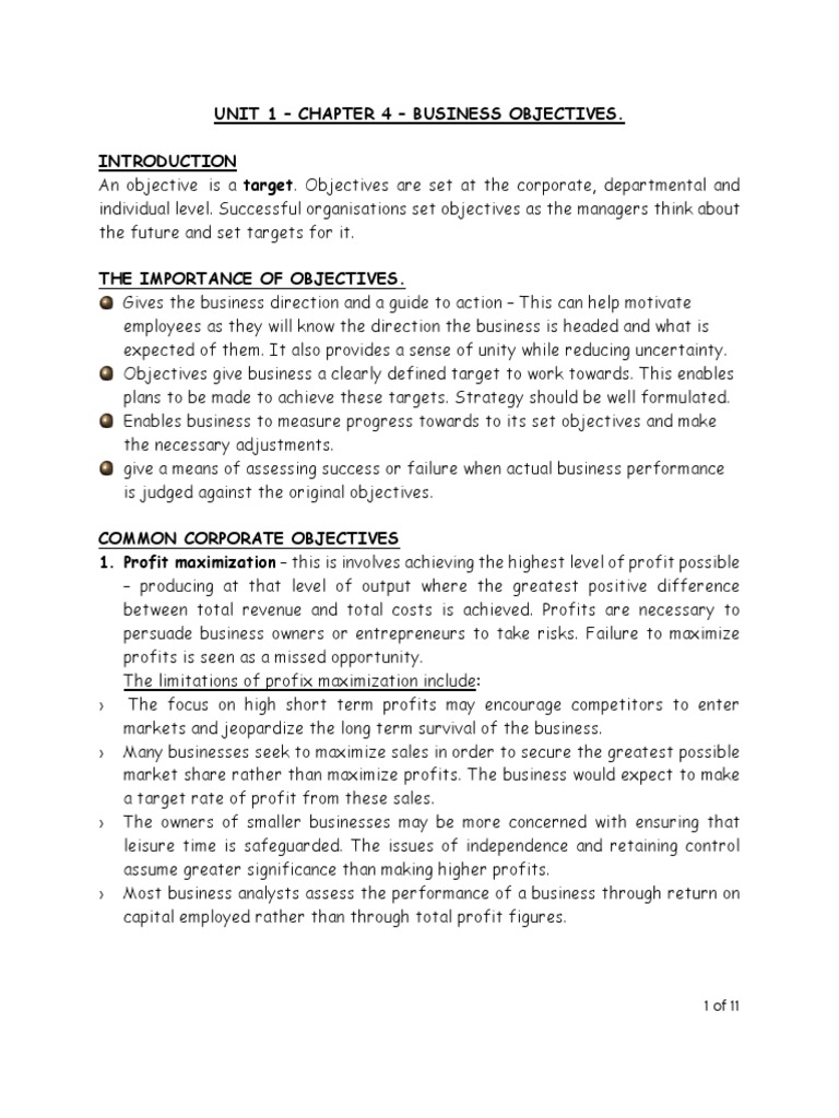 Unit 1 - Chapter 4 - Business Objectives 2023 | PDF | Strategic ...