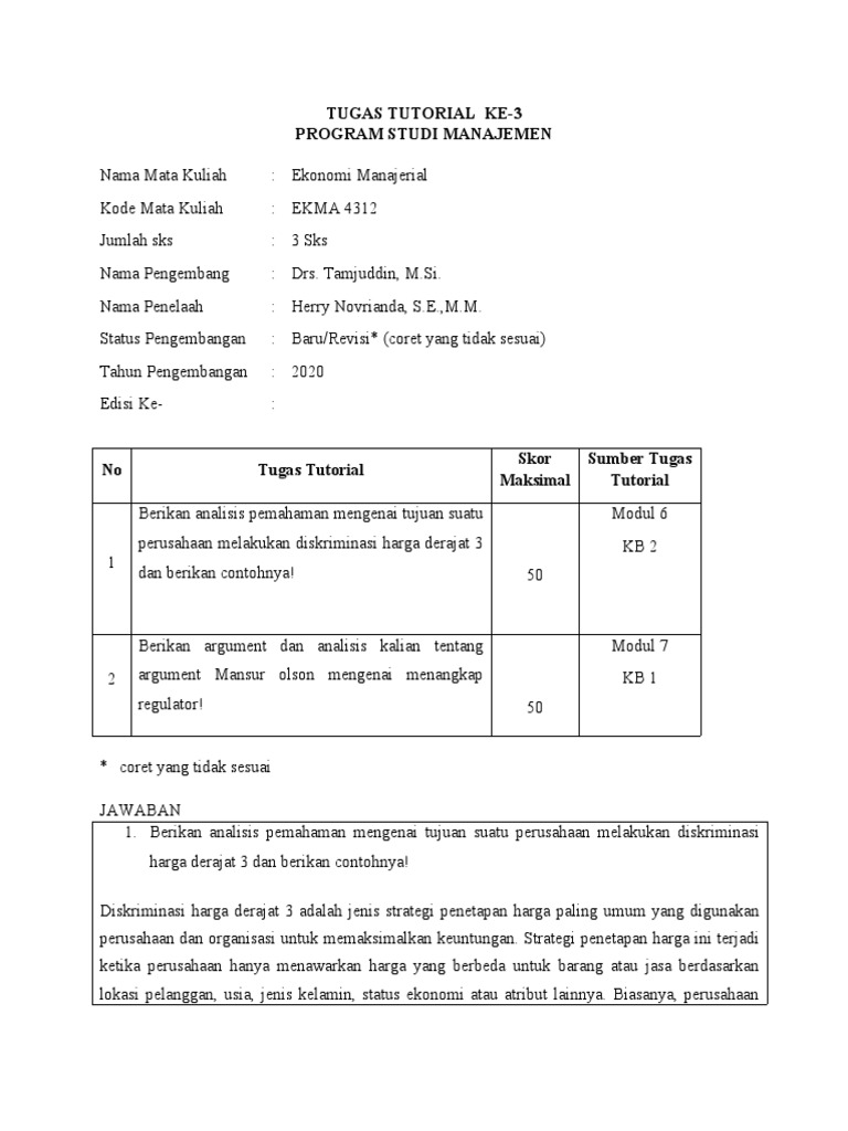 Ekonomi Manajerial Tugas 3 Ekma4312 | PDF