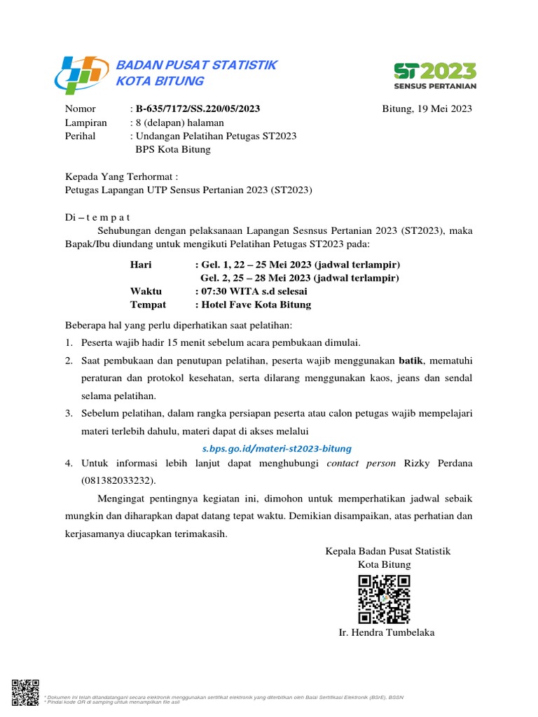 Undangan Pelatihan Petugas ST2023 BPS Kota Bitung Ettd | PDF