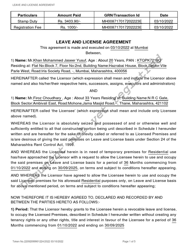 Document Not Yet Registred: Leave and License Agreement | PDF | License ...