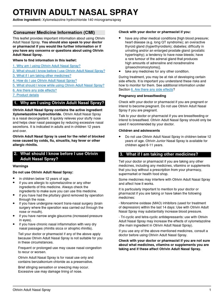 Otrivin Adult Nasal Spray CMI | PDF | Causes Of Death | Medicine
