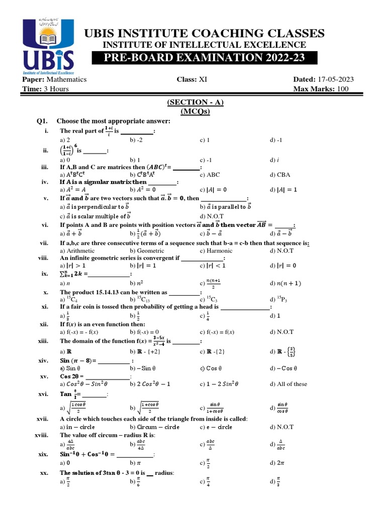 Pre Board Maths 11th | PDF | Mathematics | Mathematical Objects