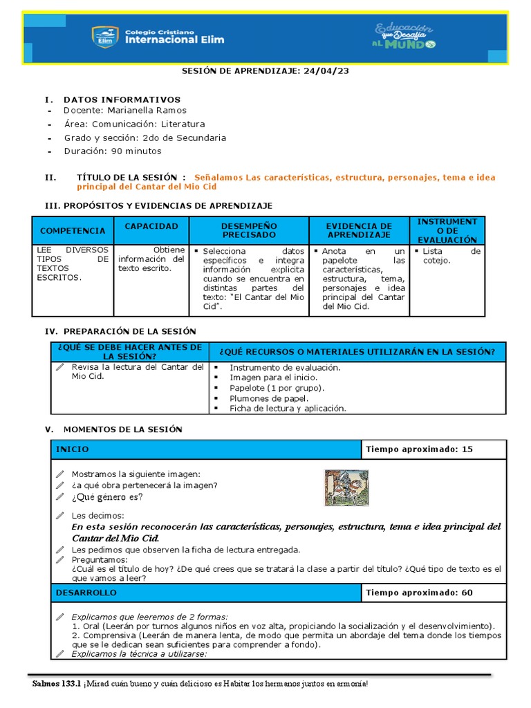 SESION Literatura - El Cantar Del Mio Cid - 2AÑO - SEC - Lunes 24 de Abril | PDF | Evaluación ...