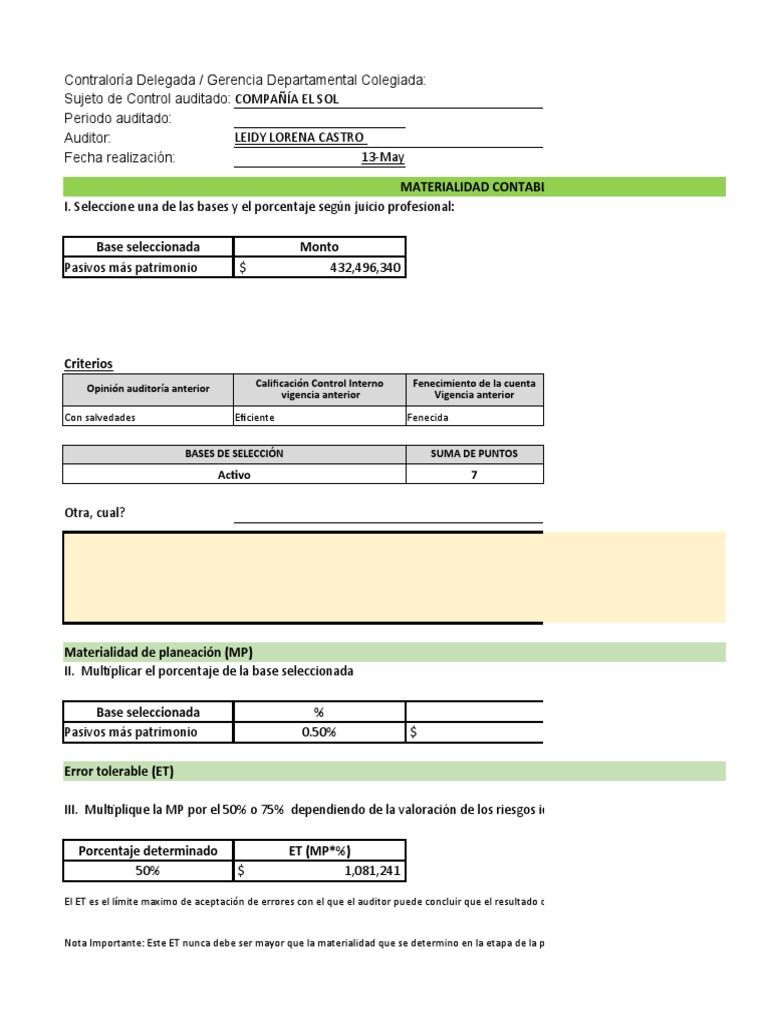 Formato No 17 Cálculo de La Materialidad | PDF | Contralor | Auditoría