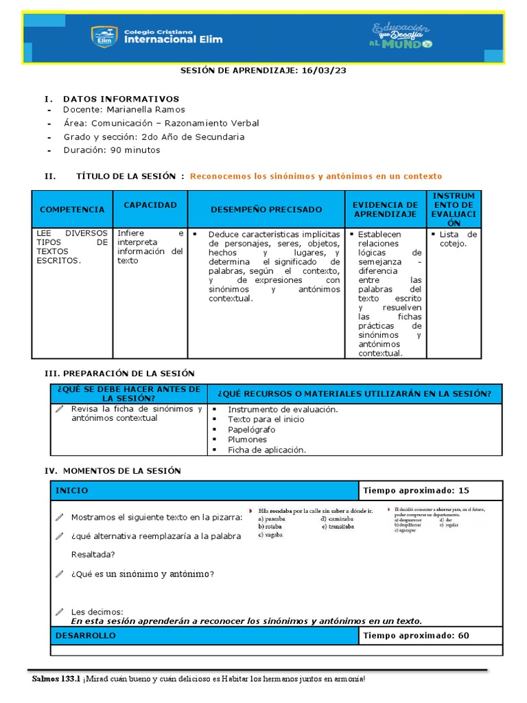 SESION Raz Verbal - Sinonimos y Antonimos Contextual - 2do Secundaria ...