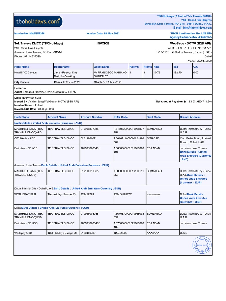 HotelInvoice LQ6SB0 | PDF | United Arab Emirates | Dubai