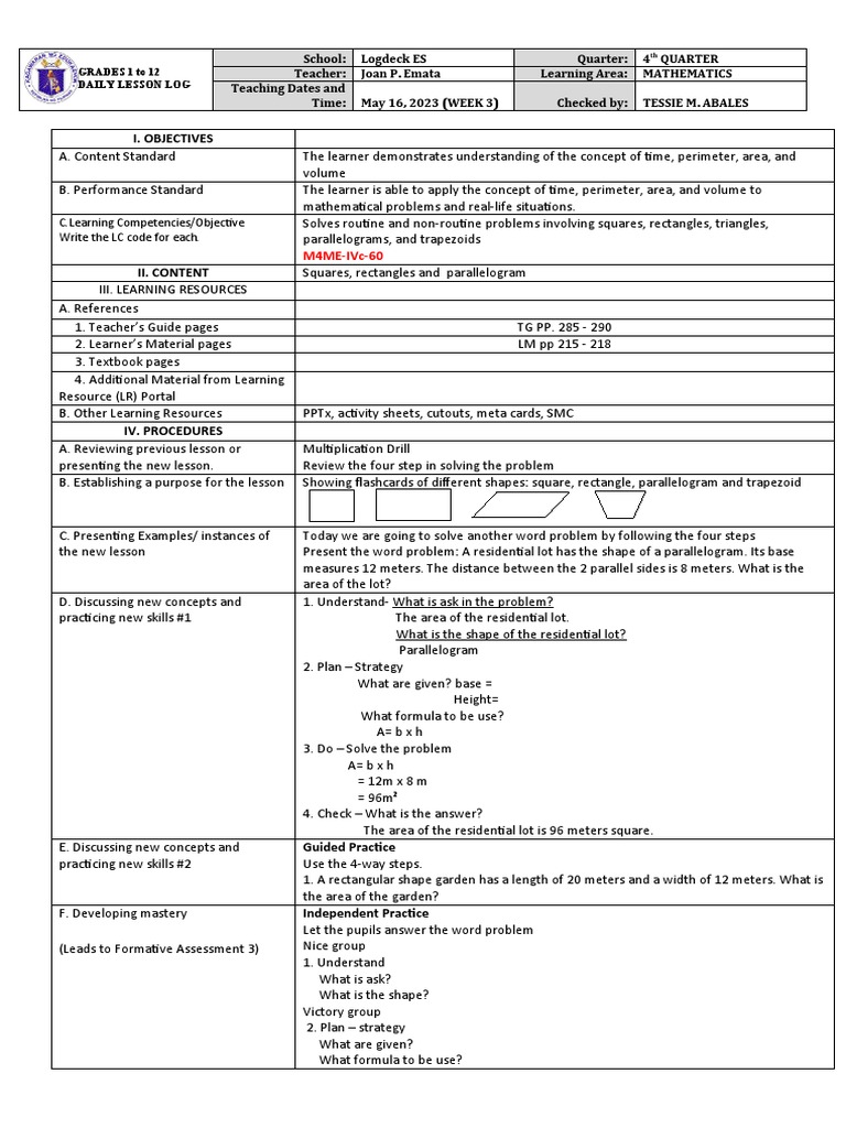 DLL - MATHEMATICS 4 - Q4 - W3 - Observation | PDF | Area | Geometry