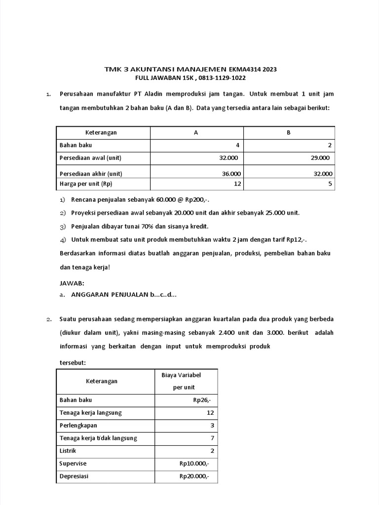 TMK 3 Akuntansi Manajemen Ekma 4314 2023 | PDF