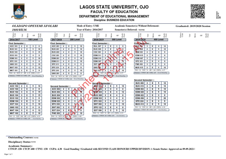 LASU Business Education Transcript | PDF