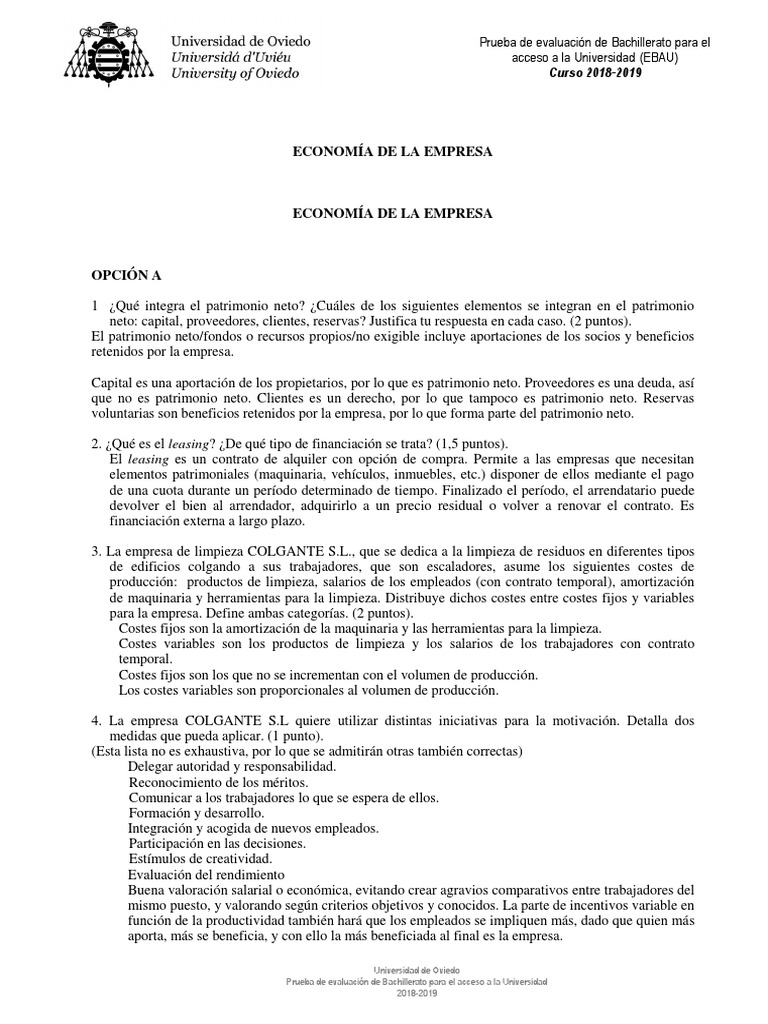 Economía De La Empresa Examen Resuelto Pdf Negocios Económicos