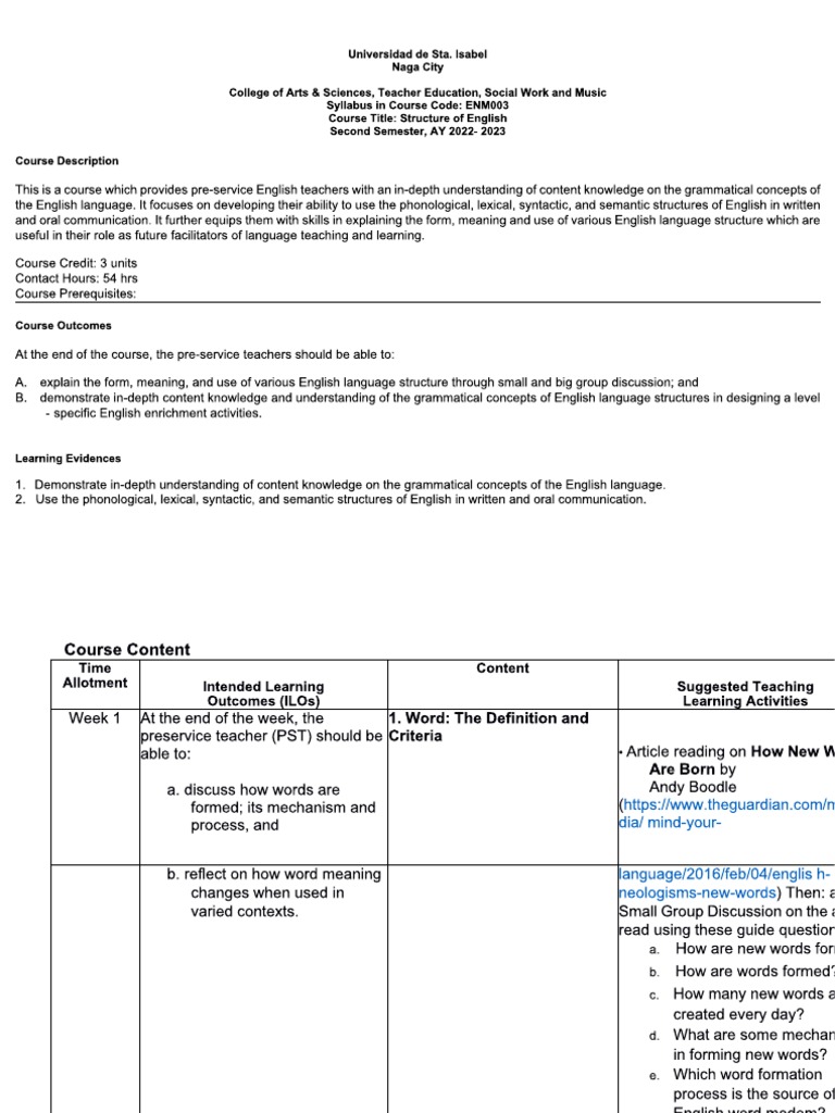 Syllabus Structure of English | PDF