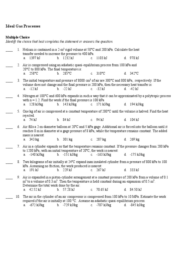 Ideal Gas Process Calculations Quiz | PDF | Transparent Materials ...